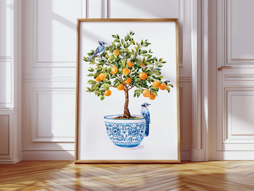 Orange Topiary Chinoiserie Vase, Watercolor Painting - Etsy