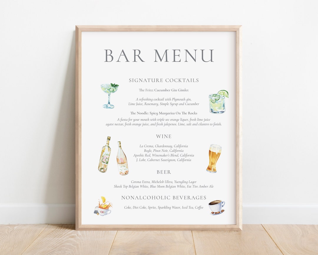 Watercolor Bar Menu, Signature Cocktails, Wedding Decor, Commissioned ...