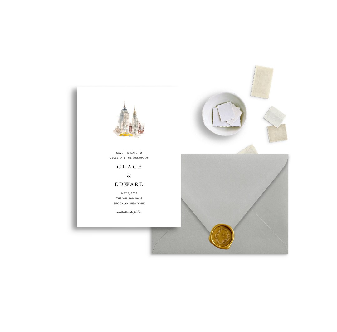 New York City Skyline Save the Date, Watercolor Manhattan Invitation - Etsy