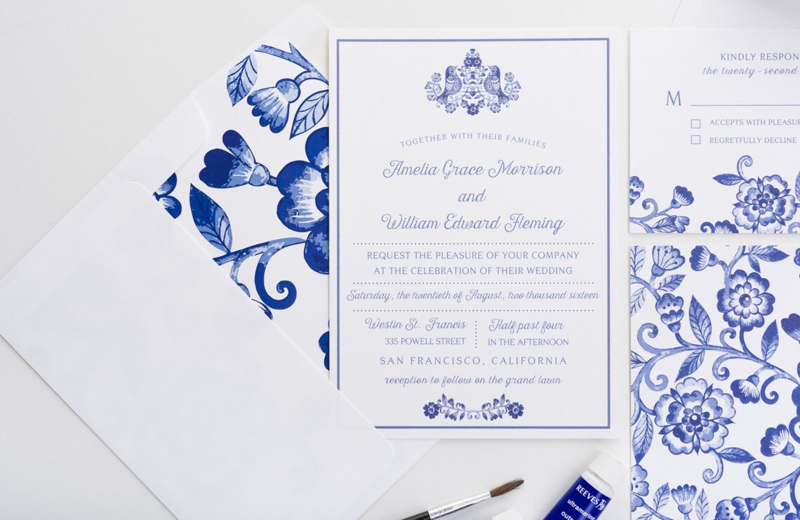 Blue Floral Wedding Invitations Watercolor Blue Invitations | Etsy