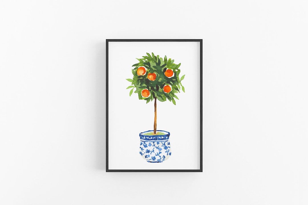 Holiday Chinoiserie Topiary Art Print, Winter Art Print, Orange Topiary ...
