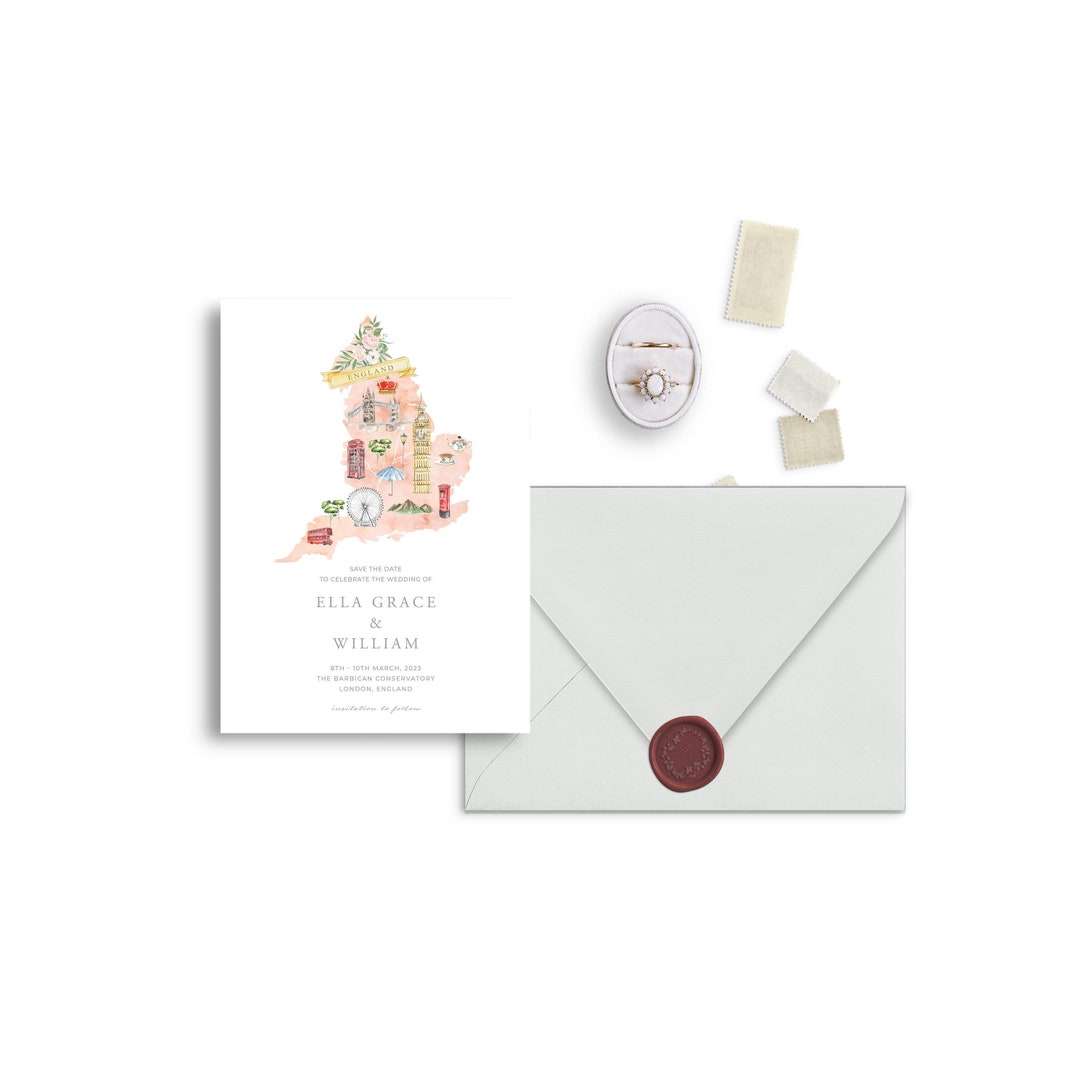 Watercolor Custom England Map, Destination UK Save the Date, London ...