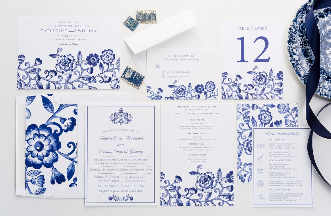 Blue Floral Wedding Invitations Watercolor Blue Invitations | Etsy