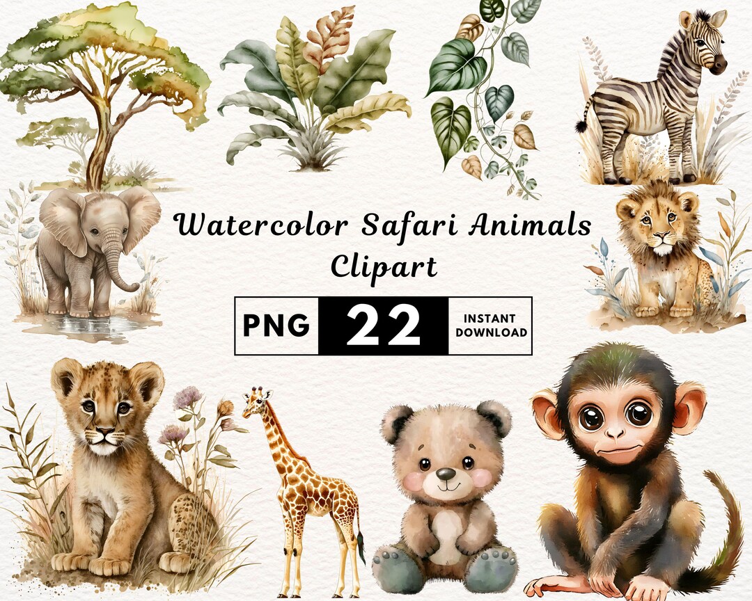 Watercolor Safari Animals Clipart Bundle, Elephants, Lions, Tigers ...