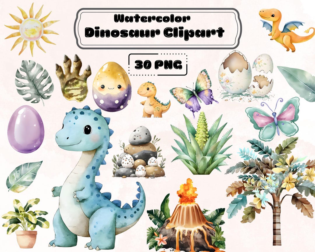 Watercolor Dinosaur Clipart Collection - Nursery Clipart, Dinosaur ...