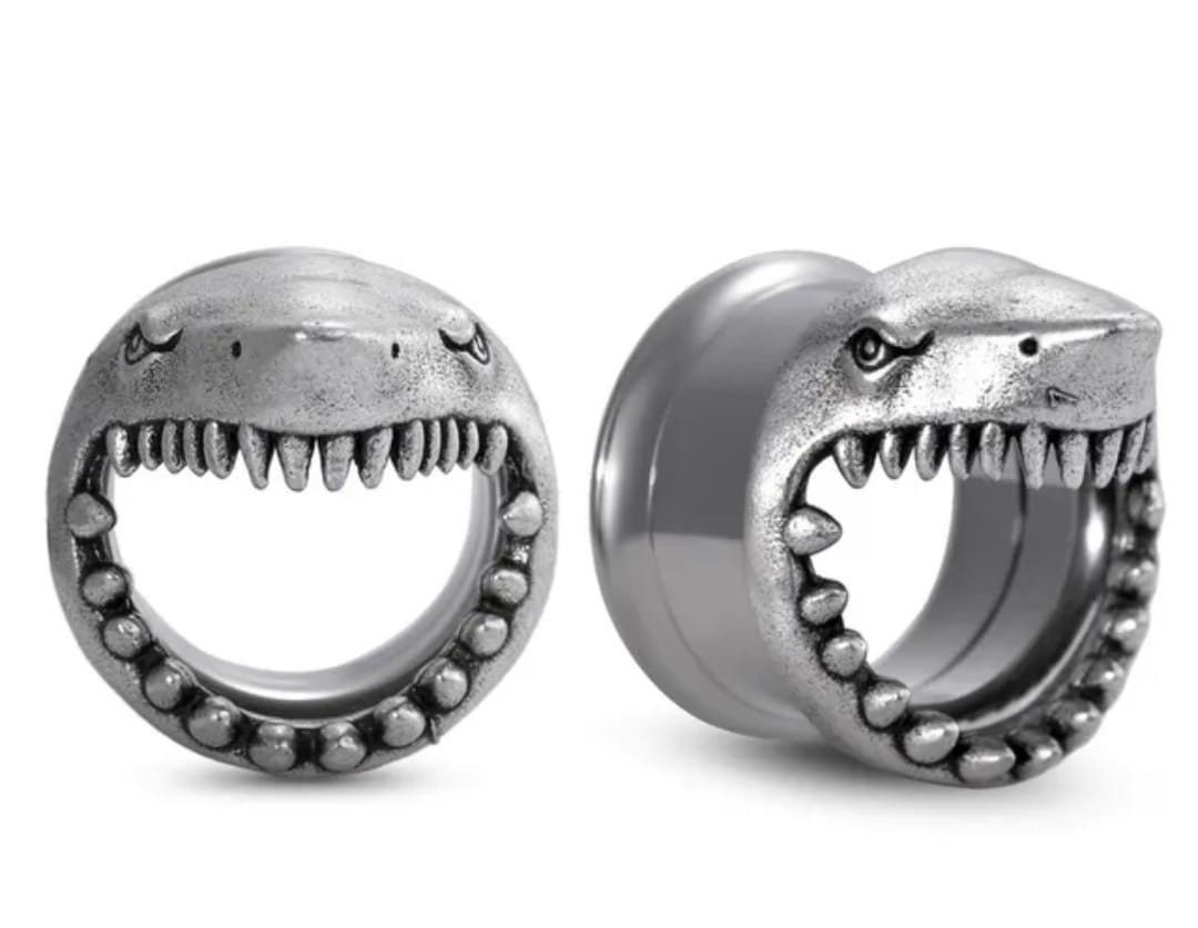 Stainless Steel Shark Plug Pair Bold and Unique Earring Shark Gauge ...