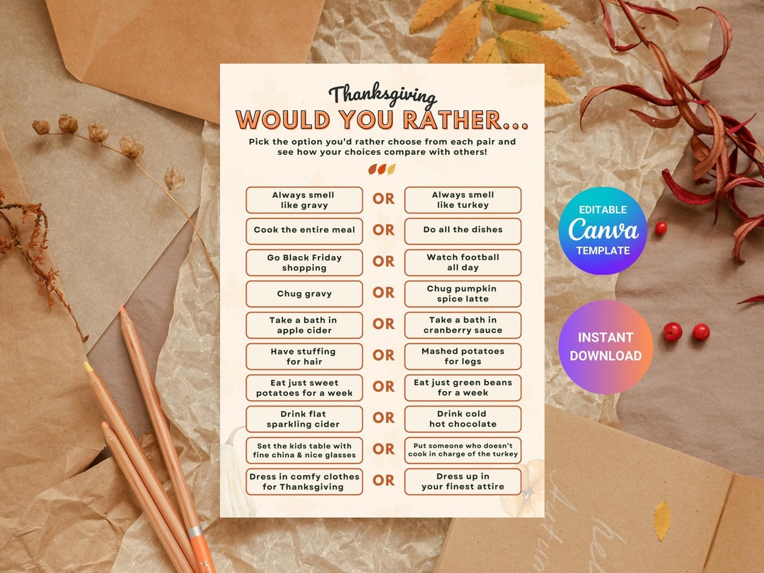 Thanksgiving Games Printable Would You Rather Friendsgiving Party Canva ...
