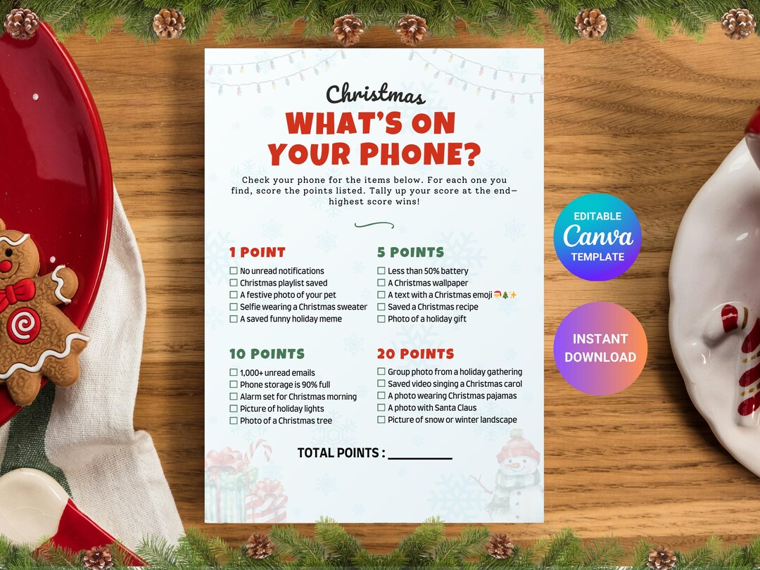 Christmas Games Printable What's on Your Phone Christmas Party Canva ...
