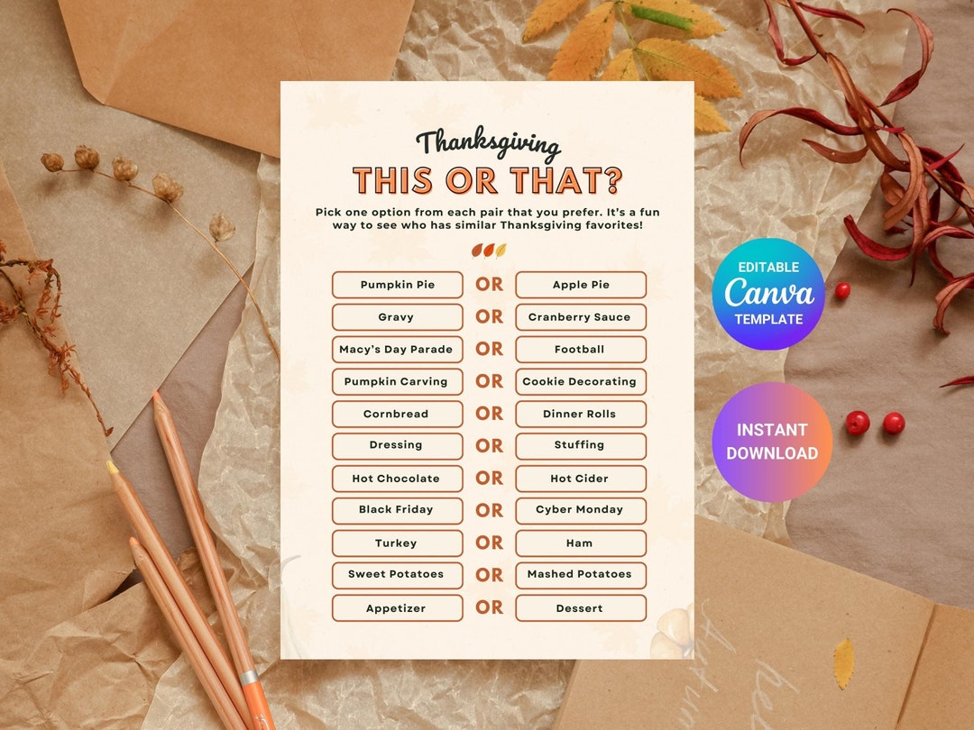 Thanksgiving Games Printable This or That Friendsgiving Party Canva ...