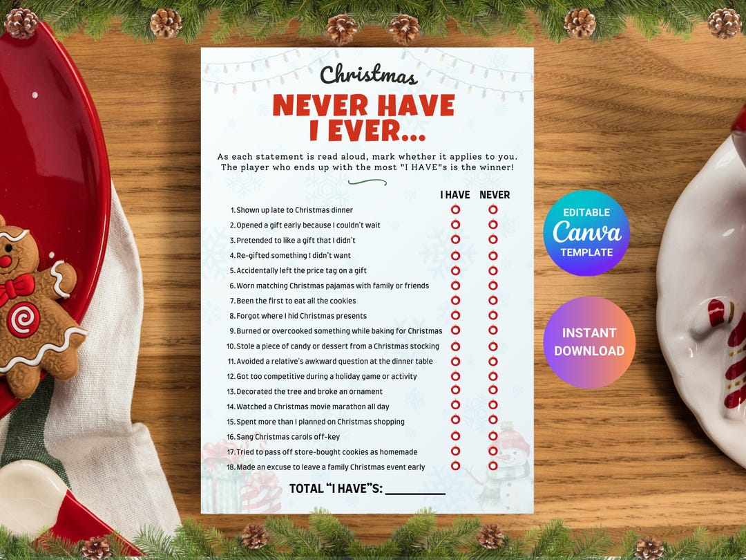 Christmas Games Printable Never Have I Ever Christmas Party Canva ...
