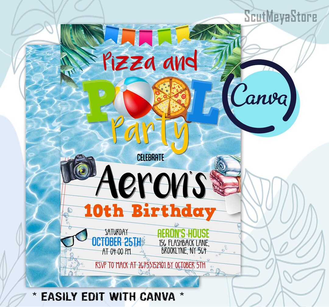 Editable Pizza Pool Party Invitation, Pizza and Pool Party Invite, Boy ...