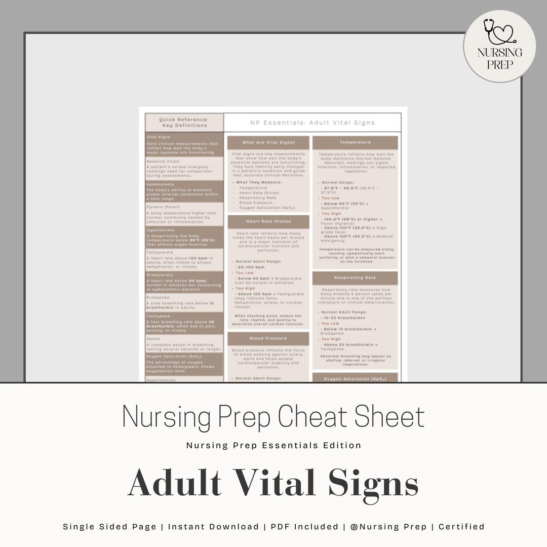Adult Vital Signs Reference Cheat Sheet | Nursing School Printable ...