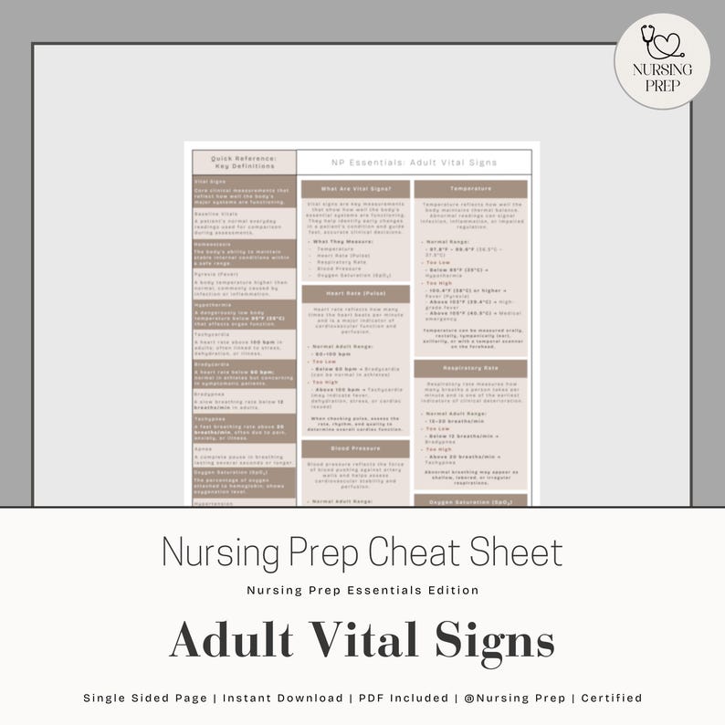 Adult Vital Signs Reference Cheat Sheet | Nursing School Printable ...