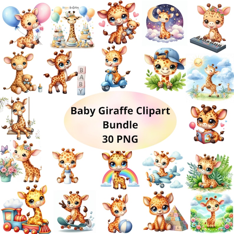 Cute Giraffe Clipart Bundle, Safari Nursery Decor (30 PNG, Digital ...