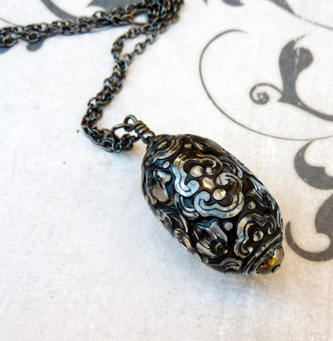 Black Lace Barrel Pendant Necklace - Clear, Etched, Ornate, Cylinder ...