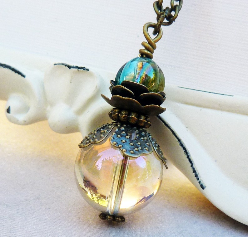 Crystal Ball Pendant Necklace Antique Brass Aurora Borealis | Etsy