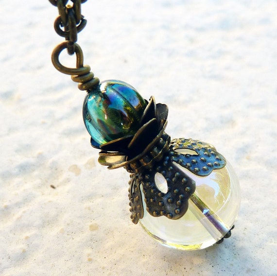Crystal Ball Pendant Necklace Antique Brass Aurora Borealis | Etsy