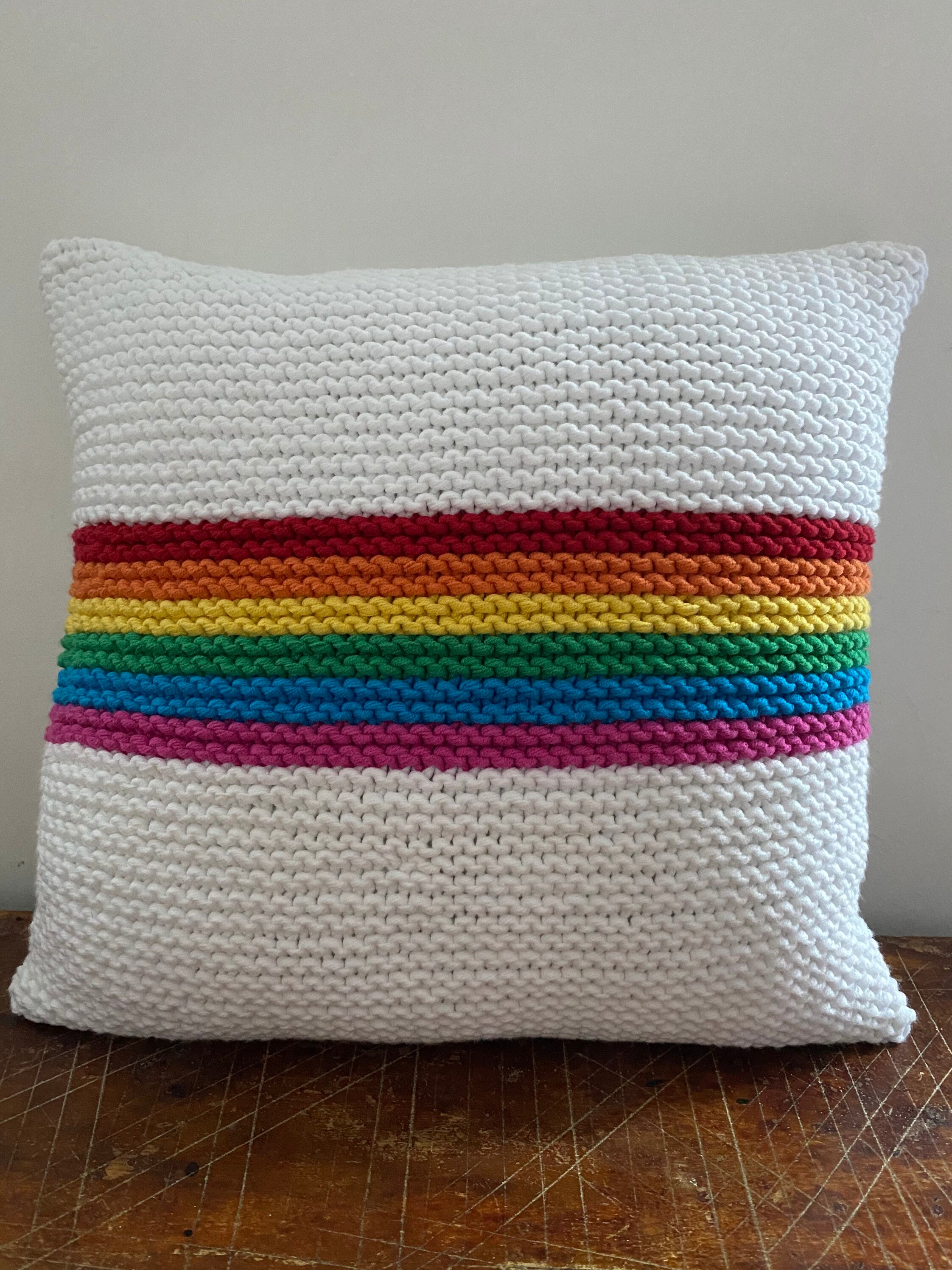 Hand Knitted Rainbow Stripe Cushions. - Etsy
