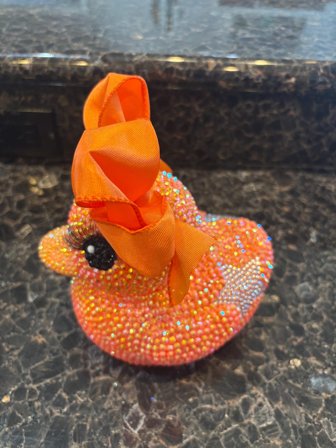 7 Inch Duck With Orange Rhinestone on Gold Duck With Orange Bow Two ...