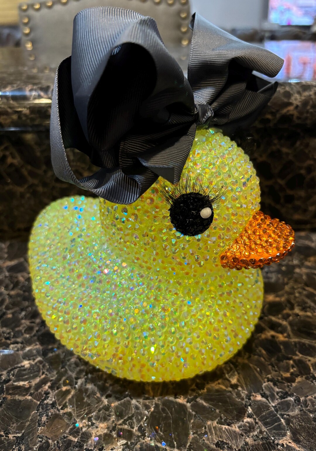 7 Inch Yellow Duck With Clear Irrodesent Rhinestones and Dark Gray Bow ...