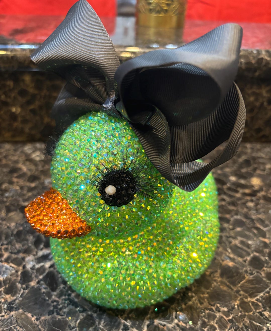 7 Inch Green Rhinestone on Gold Duck With Green Bow, Bling Rubber Duck ...
