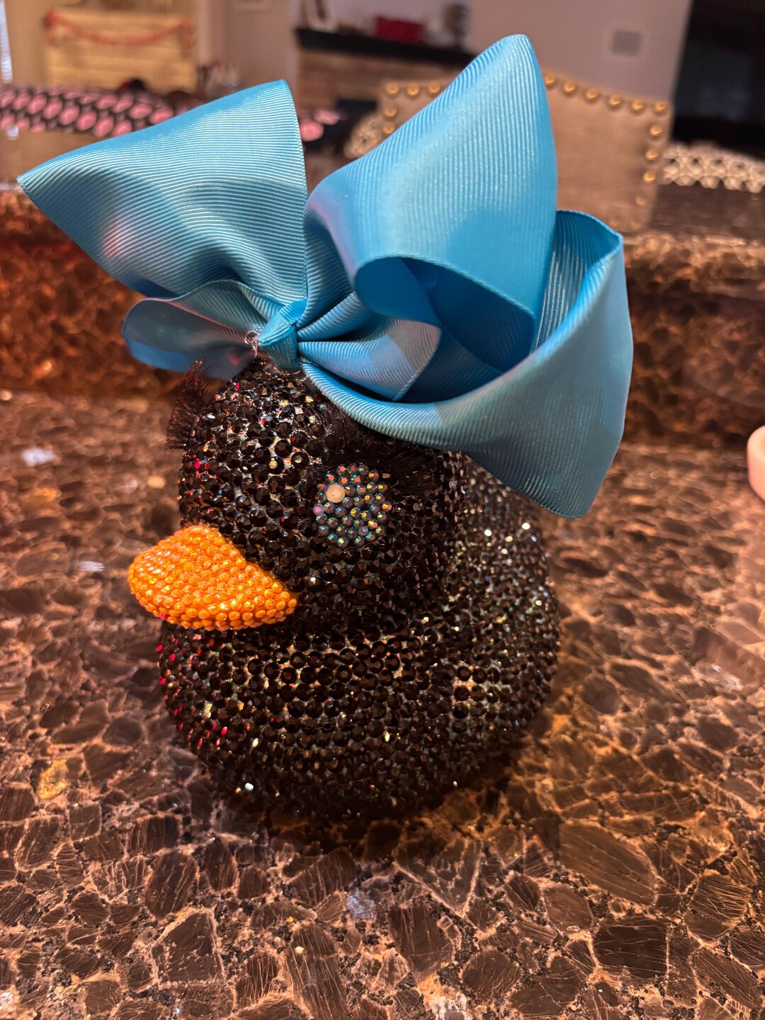 7 Inch Duck With Black Rhinestone on Blue Duck With Blue Bow, Bling ...