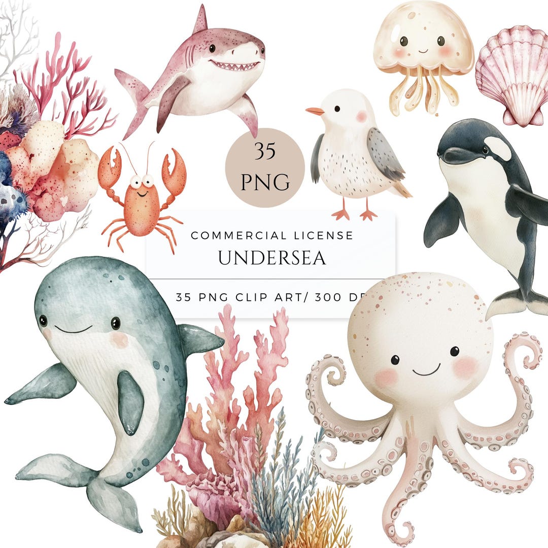 Underwater Life Clip Art, Watercolor Sea Animals Clip Art, Sea Animals ...
