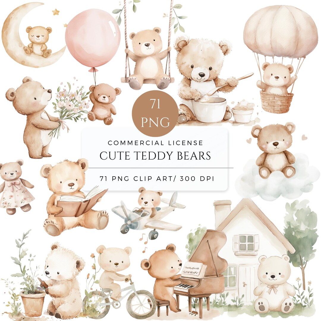 Teddy Bear Clip Art, Set of 71 Bear Clip Art, Watercolor, Printable, Commercial License, Baby ...