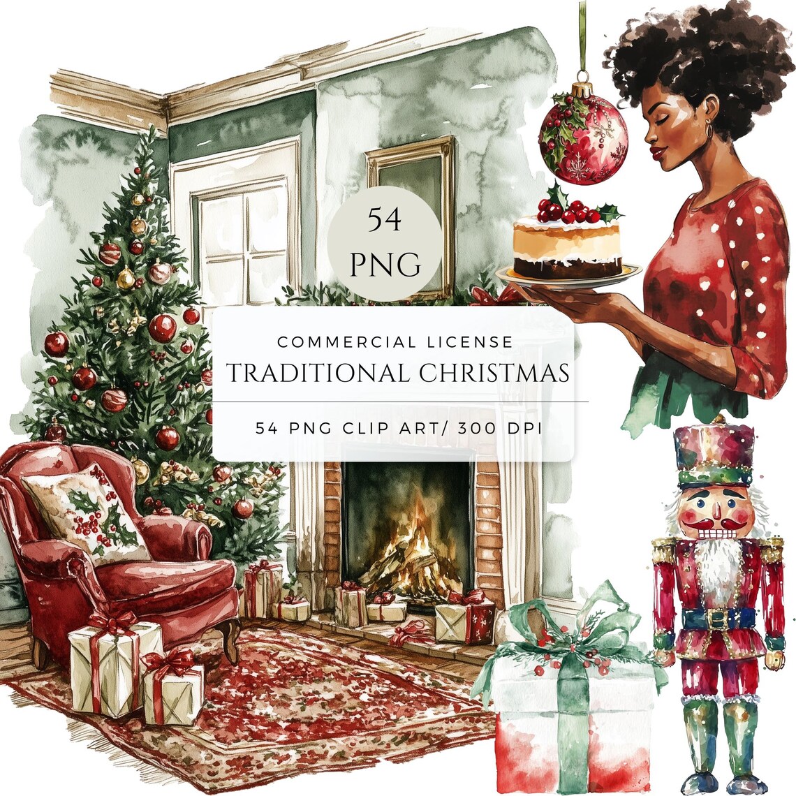 Traditional Christmas Clip Art, Watercolor Christmas Clip Art, Green ...