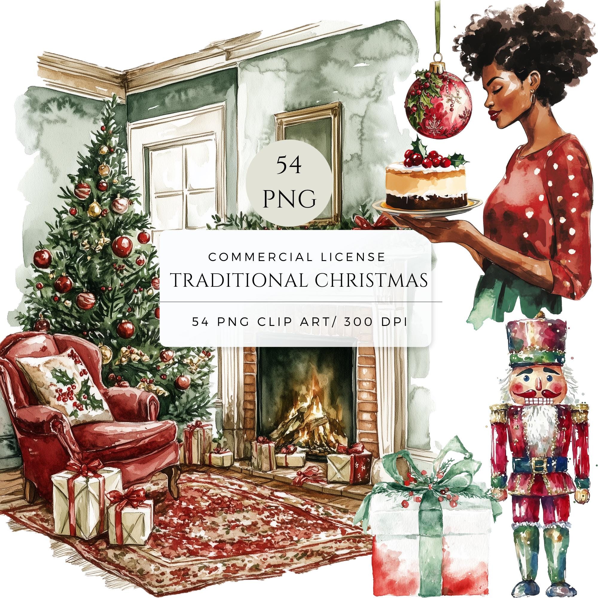 Traditional Christmas Clip Art, Watercolor Christmas Clip Art, Green ...