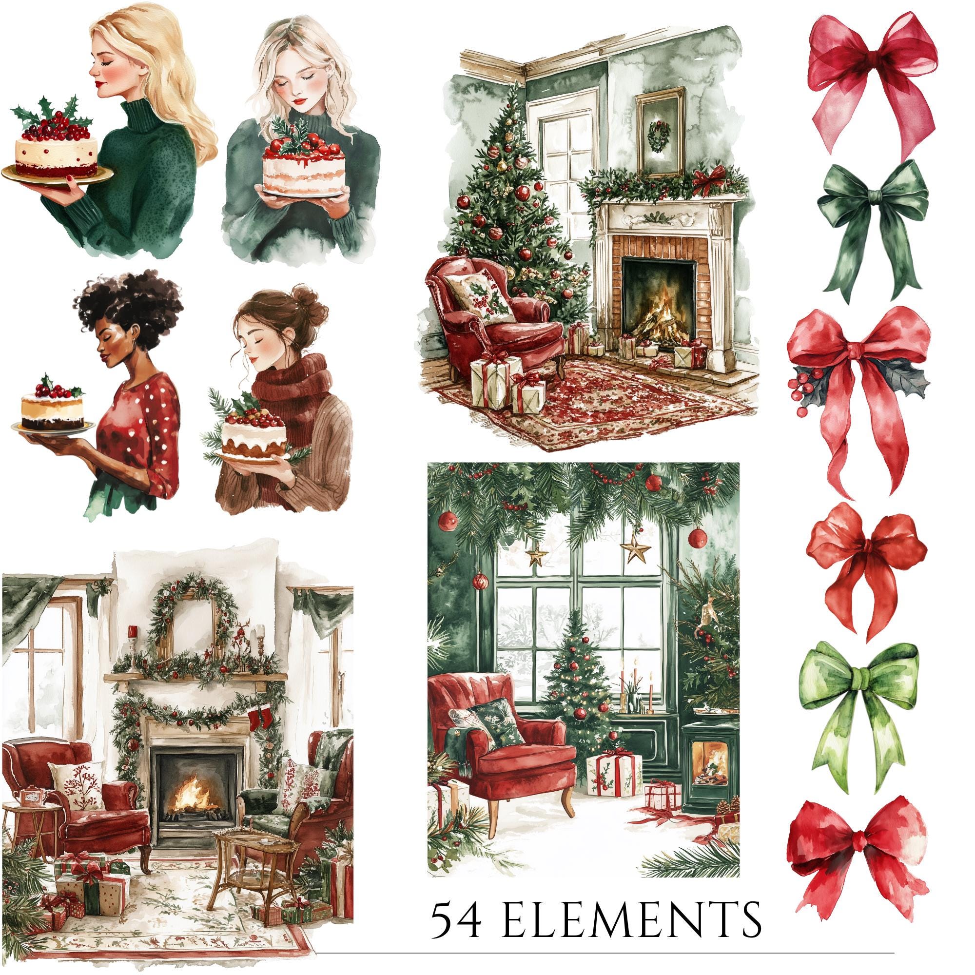 Traditional Christmas Clip Art, Watercolor Christmas Clip Art, Green ...