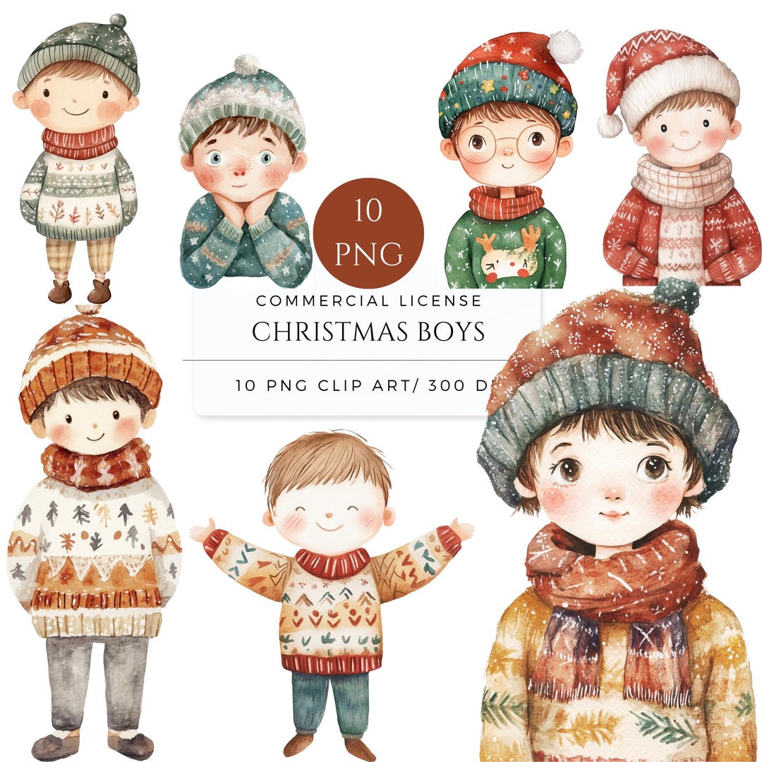 Set of 10 Watercolor Christmas Boy Illustrations, Christmas Kids ...