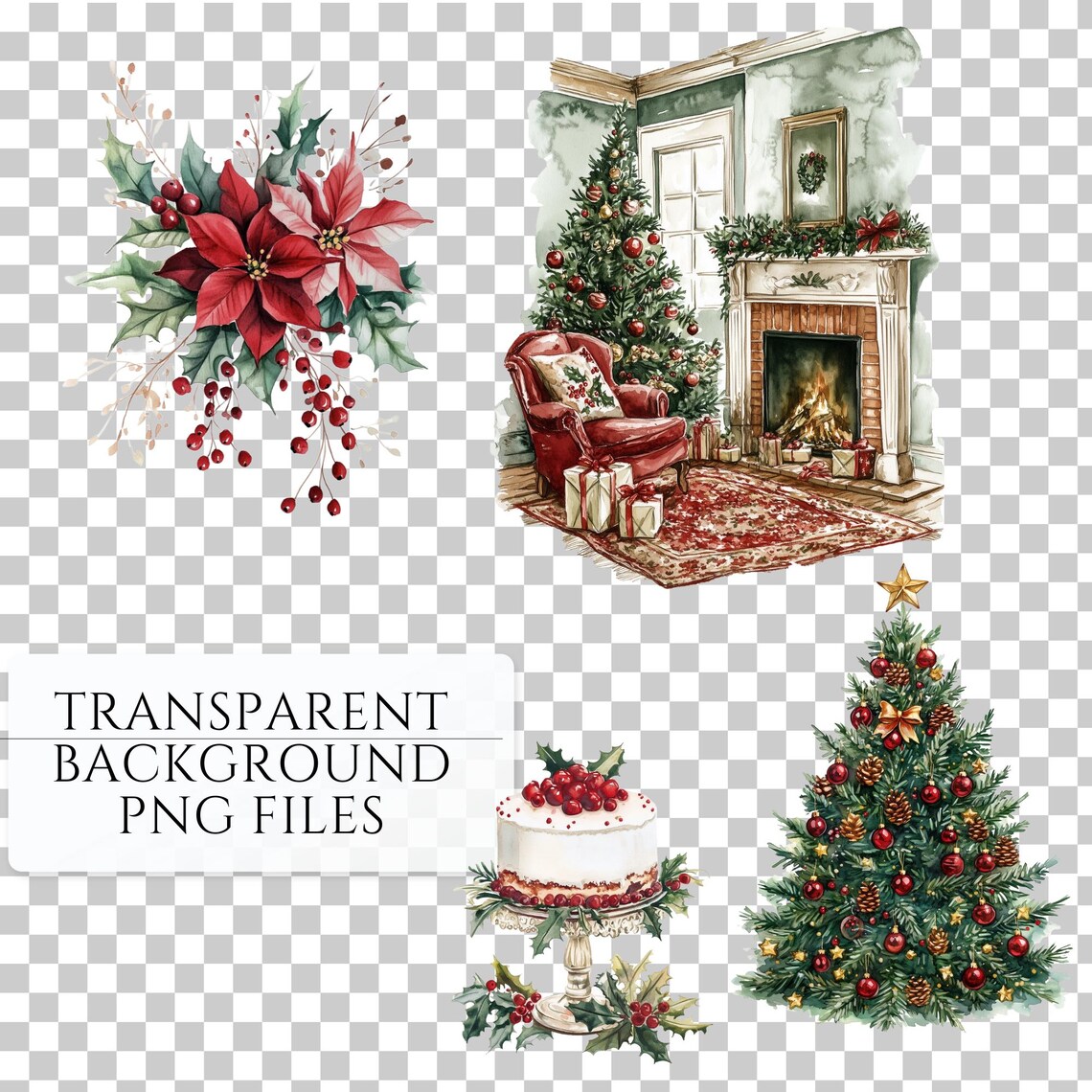 Traditional Christmas Clip Art, Watercolor Christmas Clip Art, Green ...