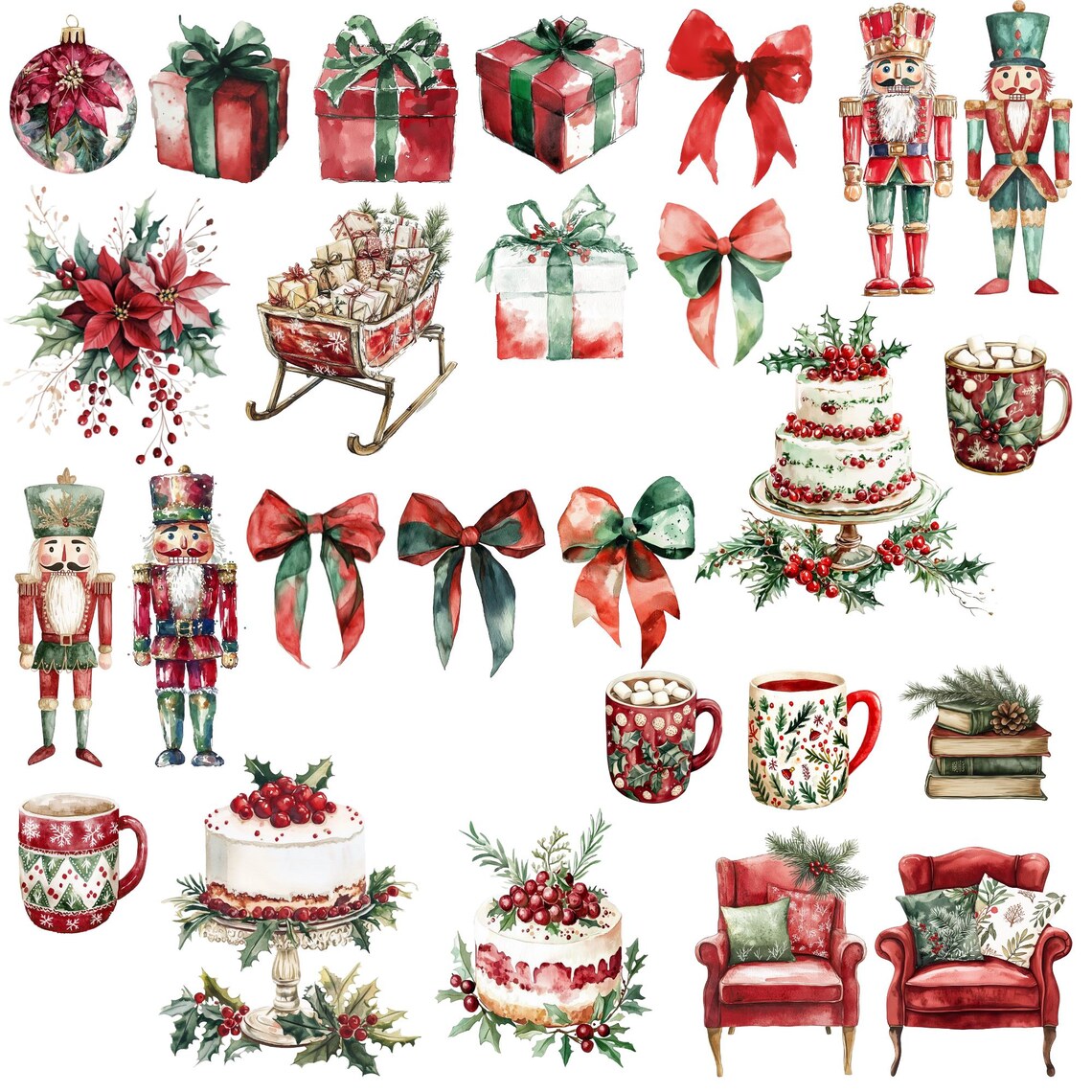 Traditional Christmas Clip Art, Watercolor Christmas Clip Art, Green ...
