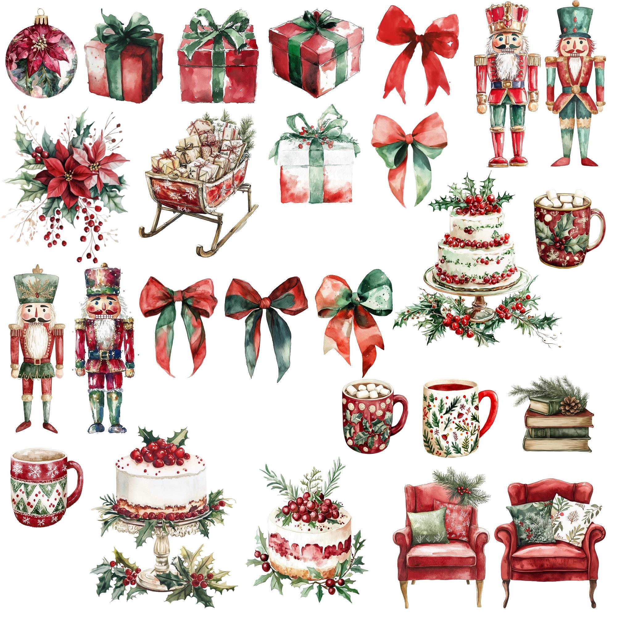 Traditional Christmas Clip Art, Watercolor Christmas Clip Art, Green ...