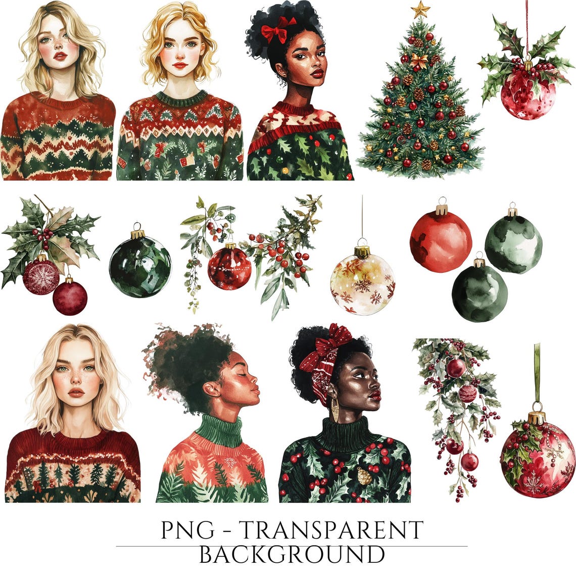 Traditional Christmas Clip Art, Watercolor Christmas Clip Art, Green ...