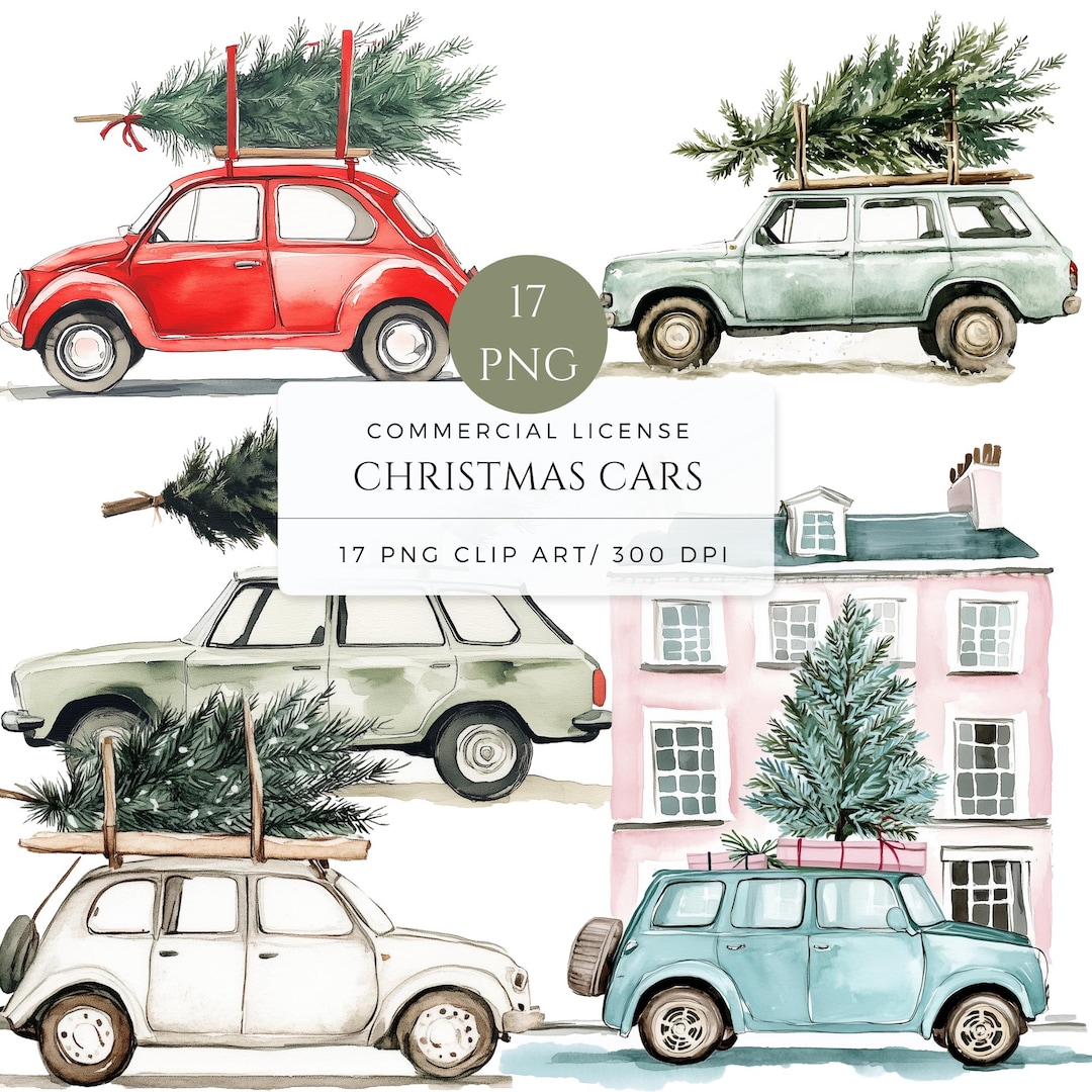 Set of 18 Watercolor Illustrations of a Car With a Christmas Tree on It ...