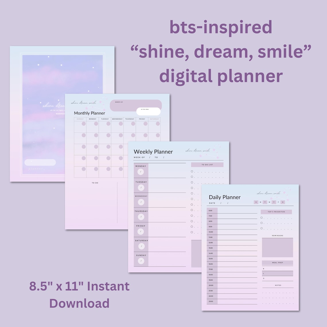 Bts-inspired Simple Aesthetic Planner - "shine, Dream, Smile ...