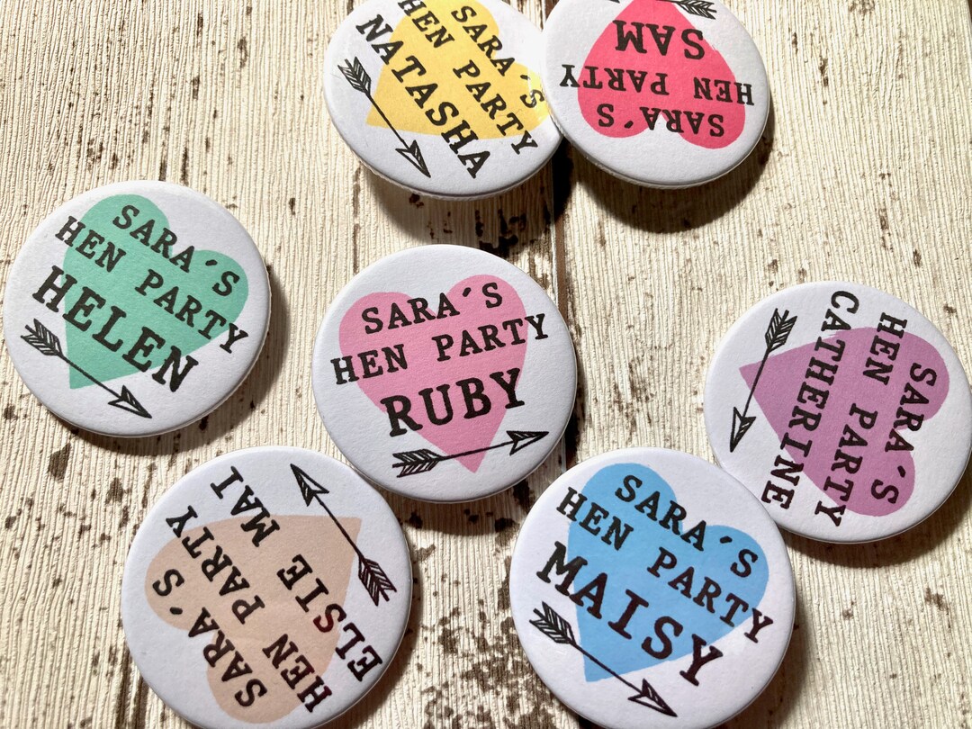Personalised Hen Party Badge, Heart and Arrow Hen Party Badges, Name ...