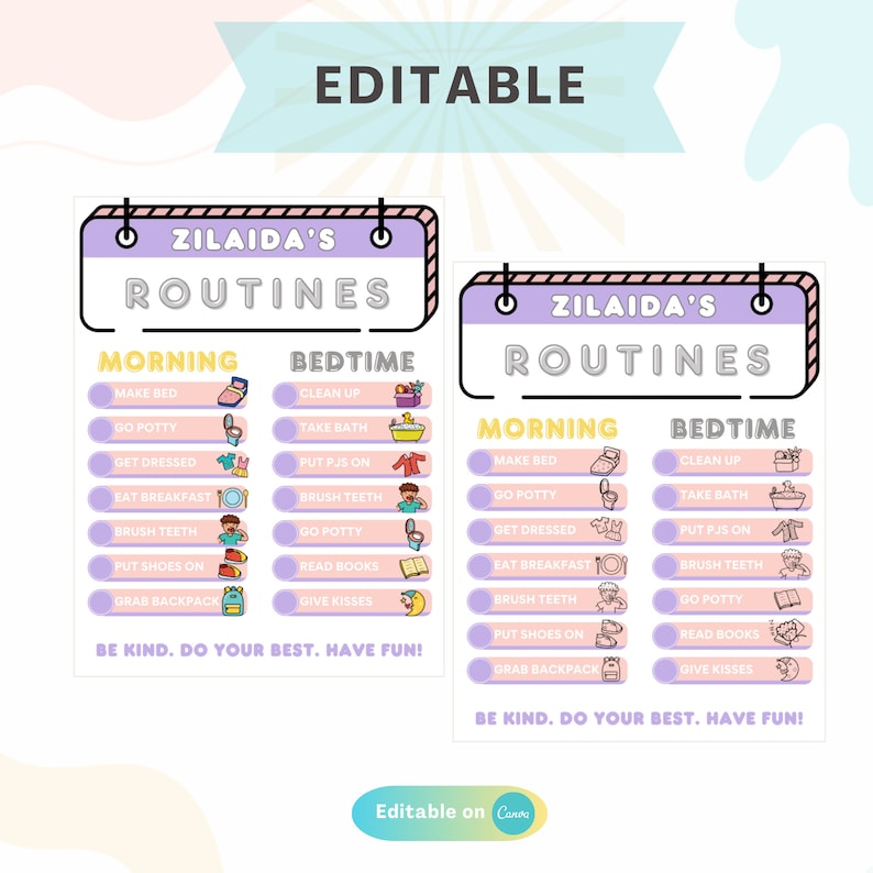 EDITABLE Morning Bedtime Routine, Chores Checklist Chart, Kids Toddlers ...