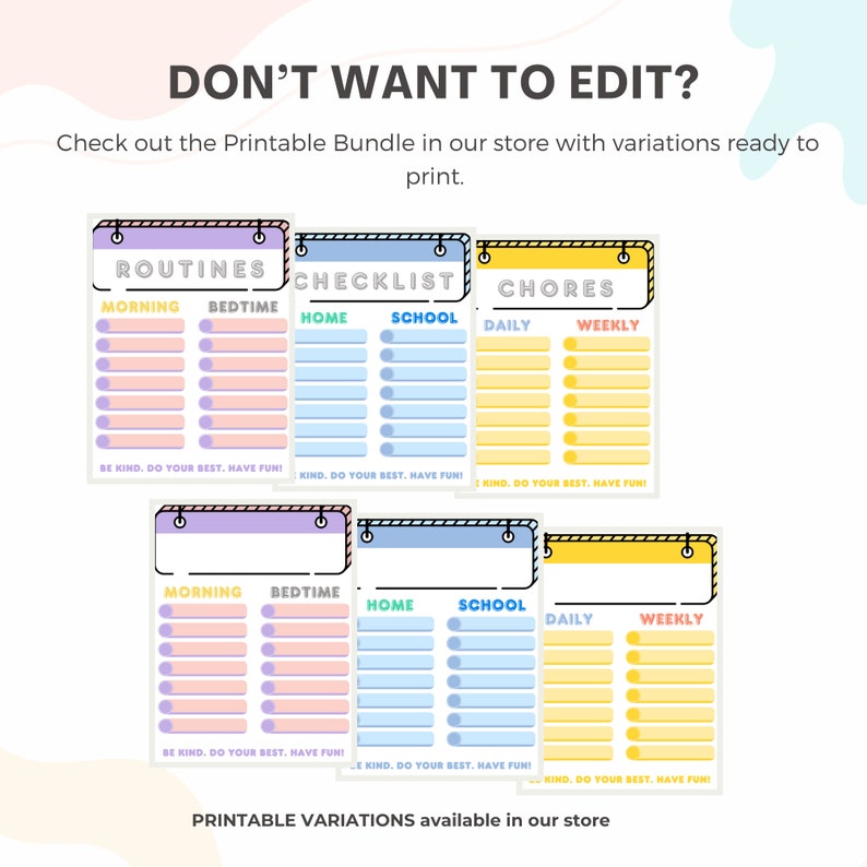 EDITABLE Morning Bedtime Routine, Chores Checklist Chart, Kids Toddlers ...