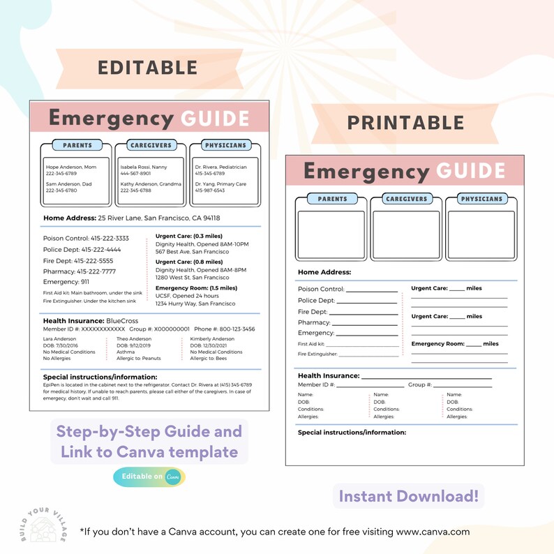 EDITABLE & PRINTABLE Emergency Guide, Emergency Information, Emergency ...