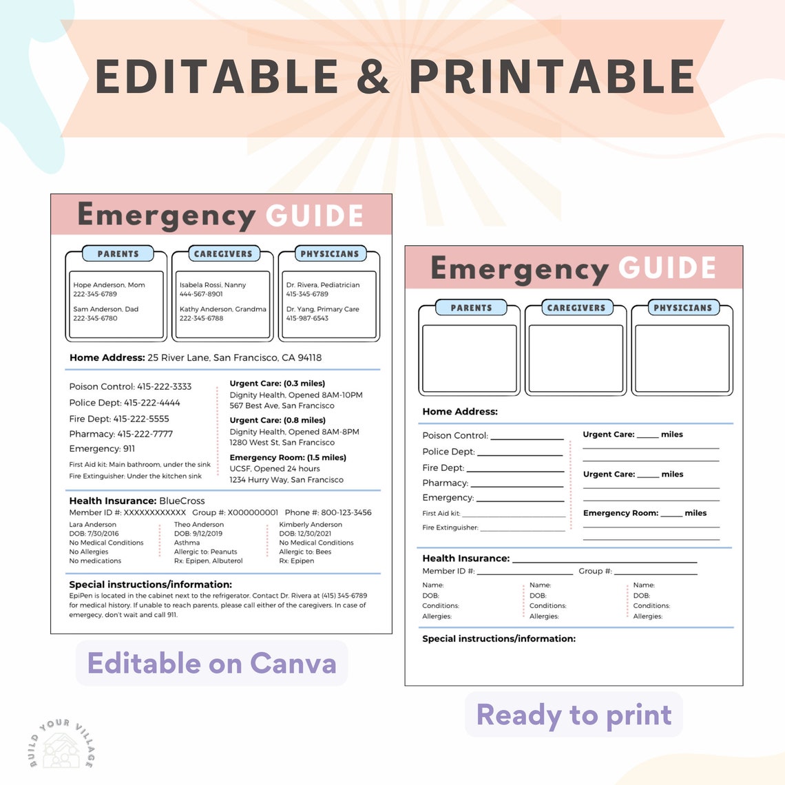 EDITABLE & PRINTABLE Emergency Guide, Emergency Information, Emergency ...