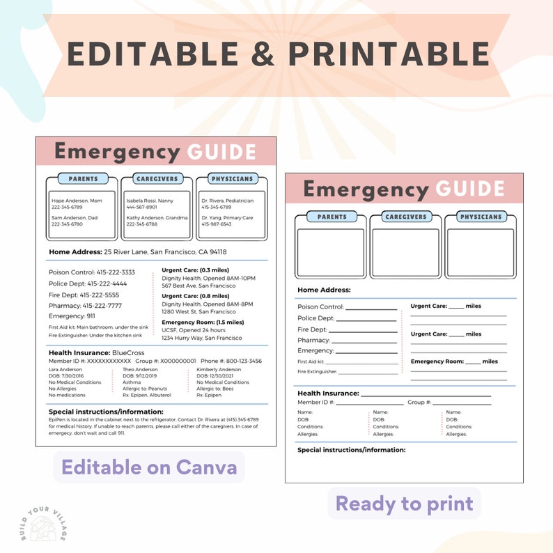 EDITABLE & PRINTABLE Emergency Guide, Emergency Information, Emergency ...