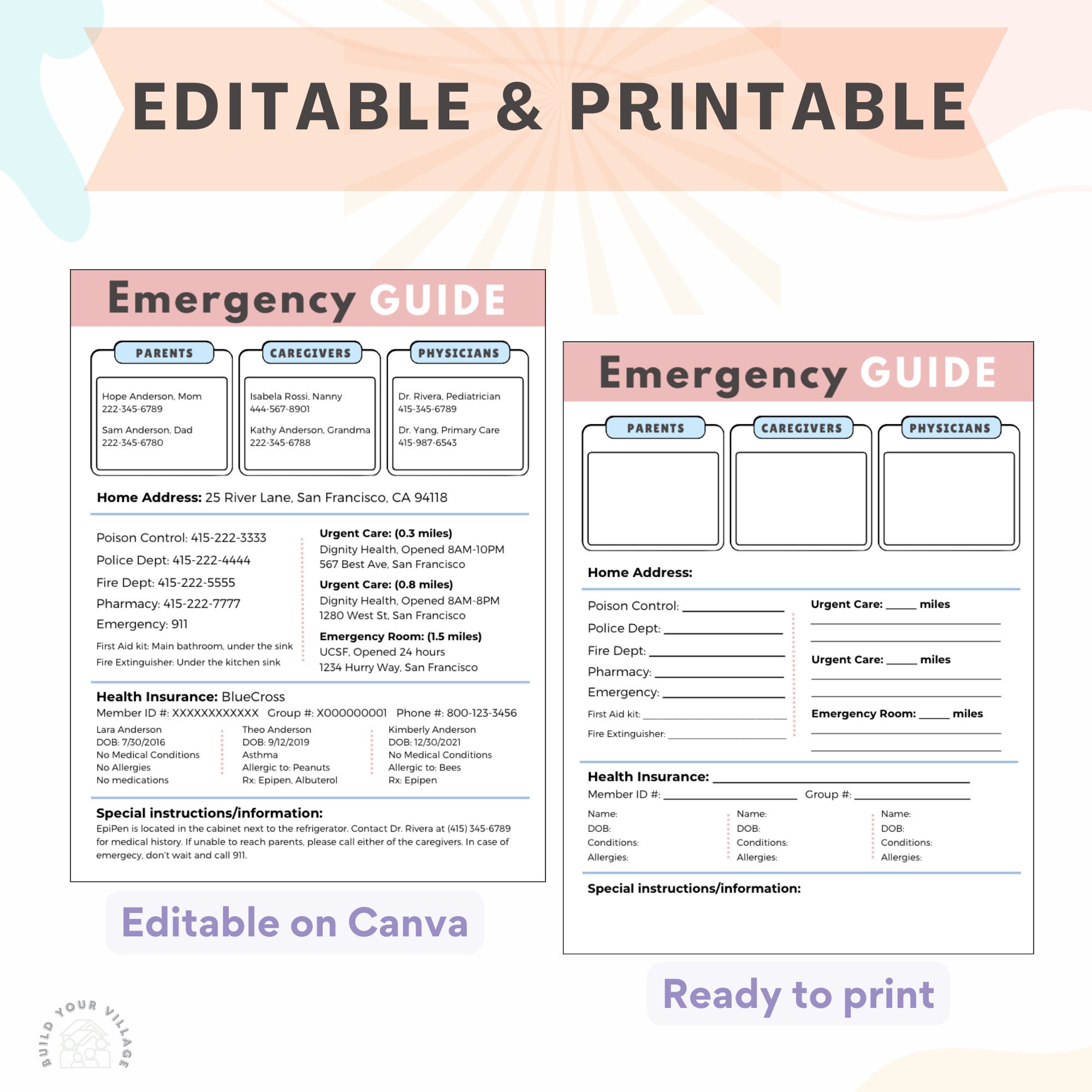 EDITABLE & PRINTABLE Emergency Guide, Emergency Information, Emergency ...