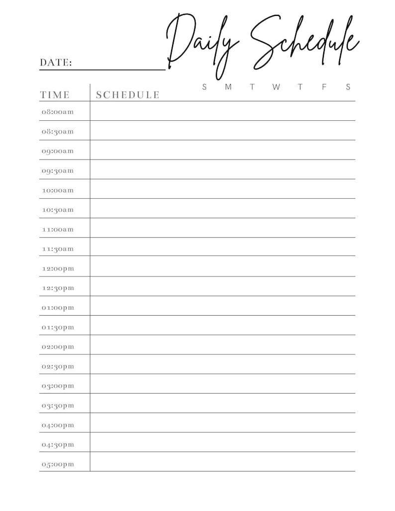 Daily Schedule Half Hour Blank Printable - Etsy