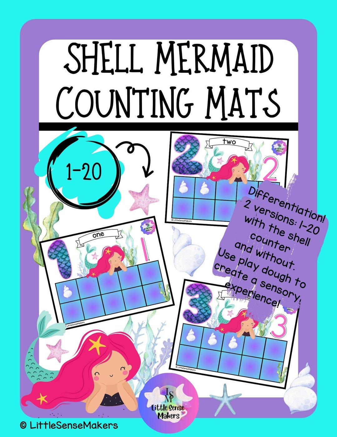 Shell Mermaid | Playdough Counting Mats 1-20 | Math Activity | Sensory ...