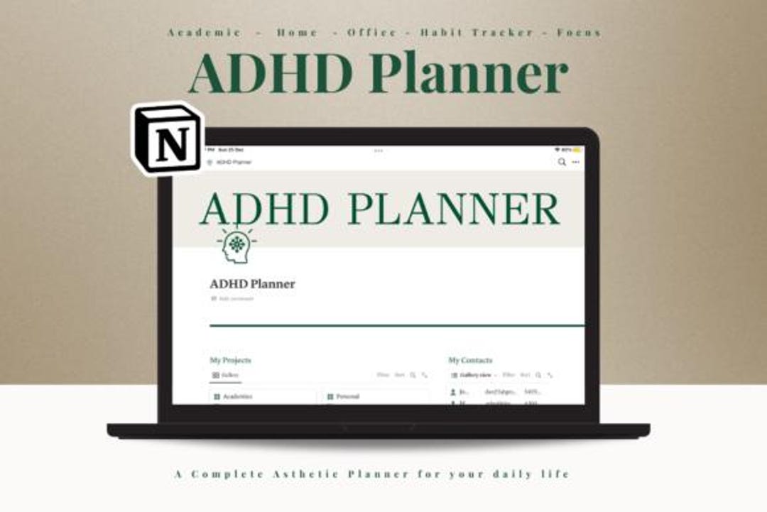 ADHD Notion Template Life Planner. Aesthetic ADHD Digital Planner to ...
