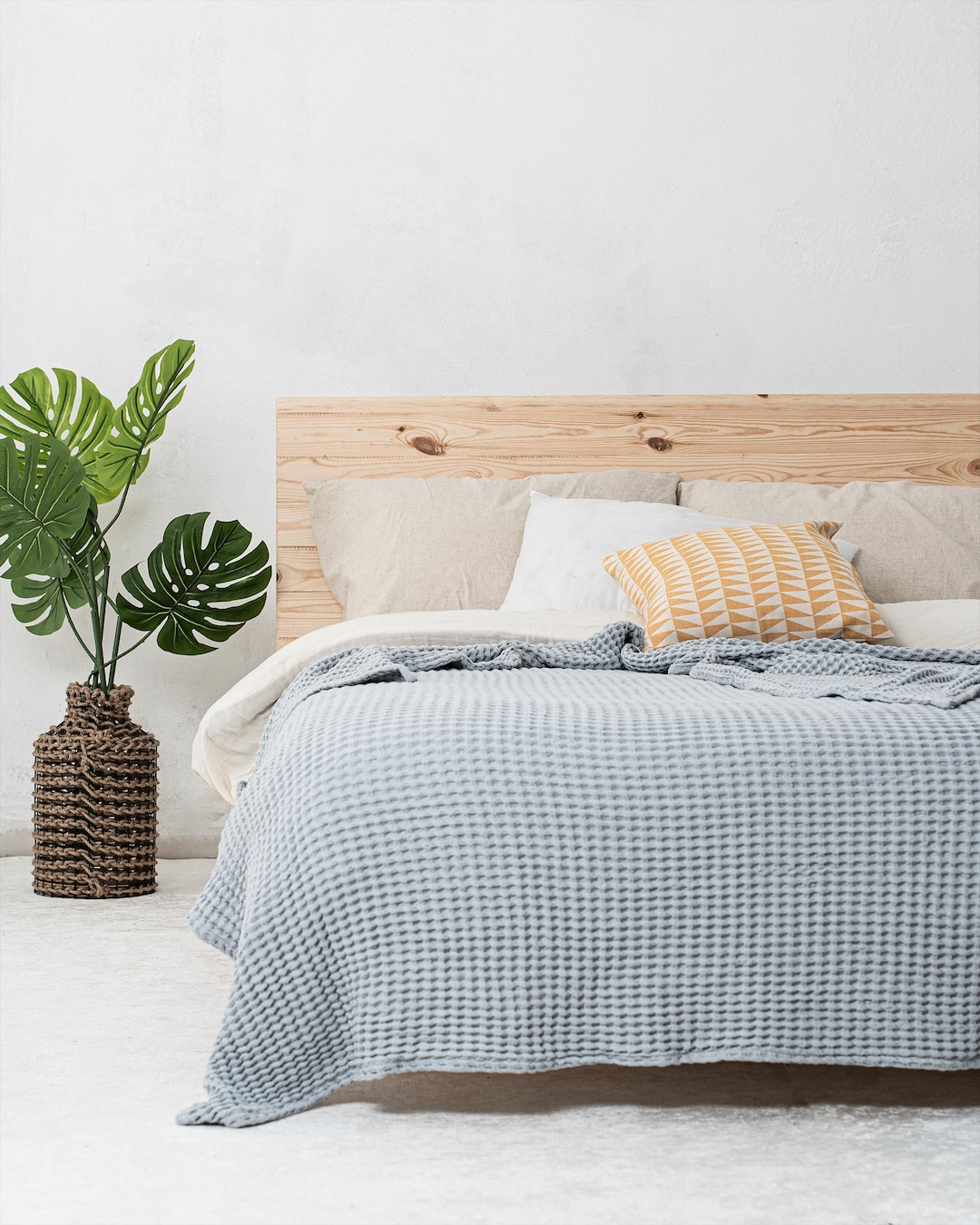 Light Blue Waffle Cotton Bed Cover: Soft Farmhouse Throw Blanket - Etsy