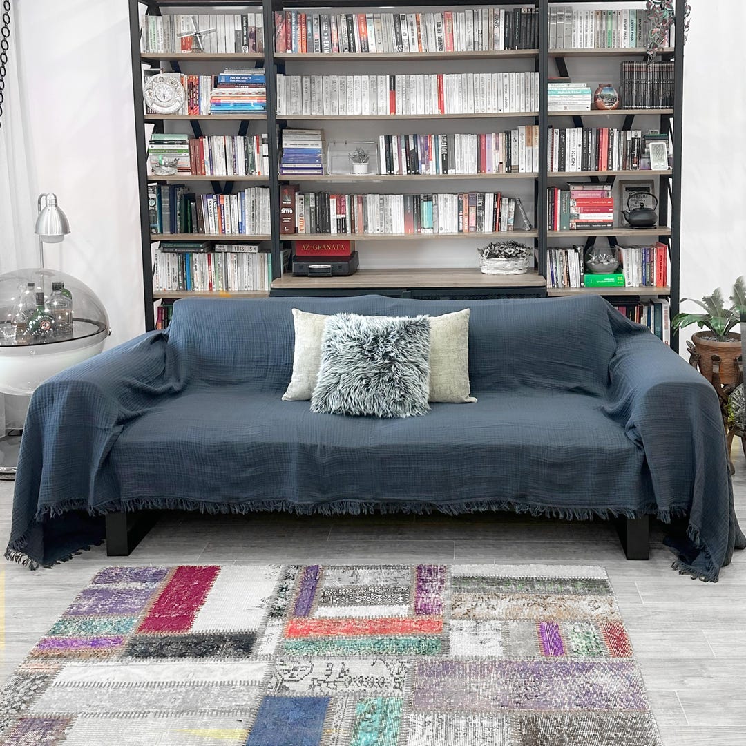 Washable Cotton Sofa Throw 4 Layered Blue Muslin %100 Cotton Soft Large ...